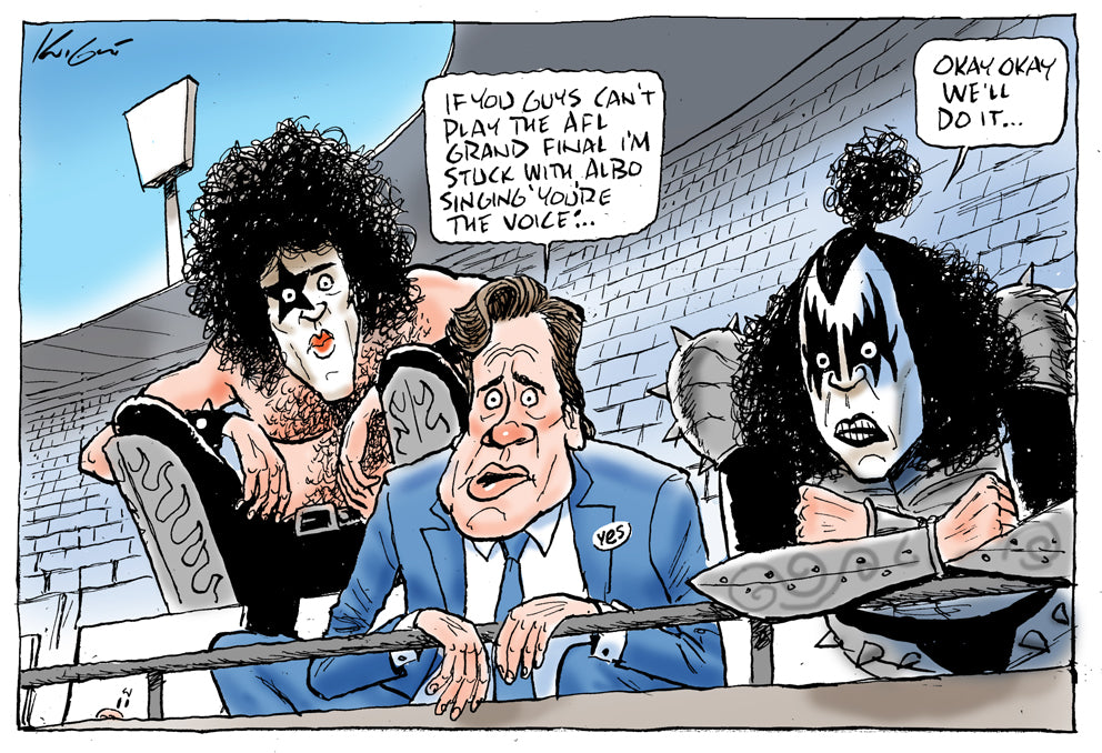 Kiss performing at the AFL Grandfinal | Sports Cartoon – Knight Cartoons